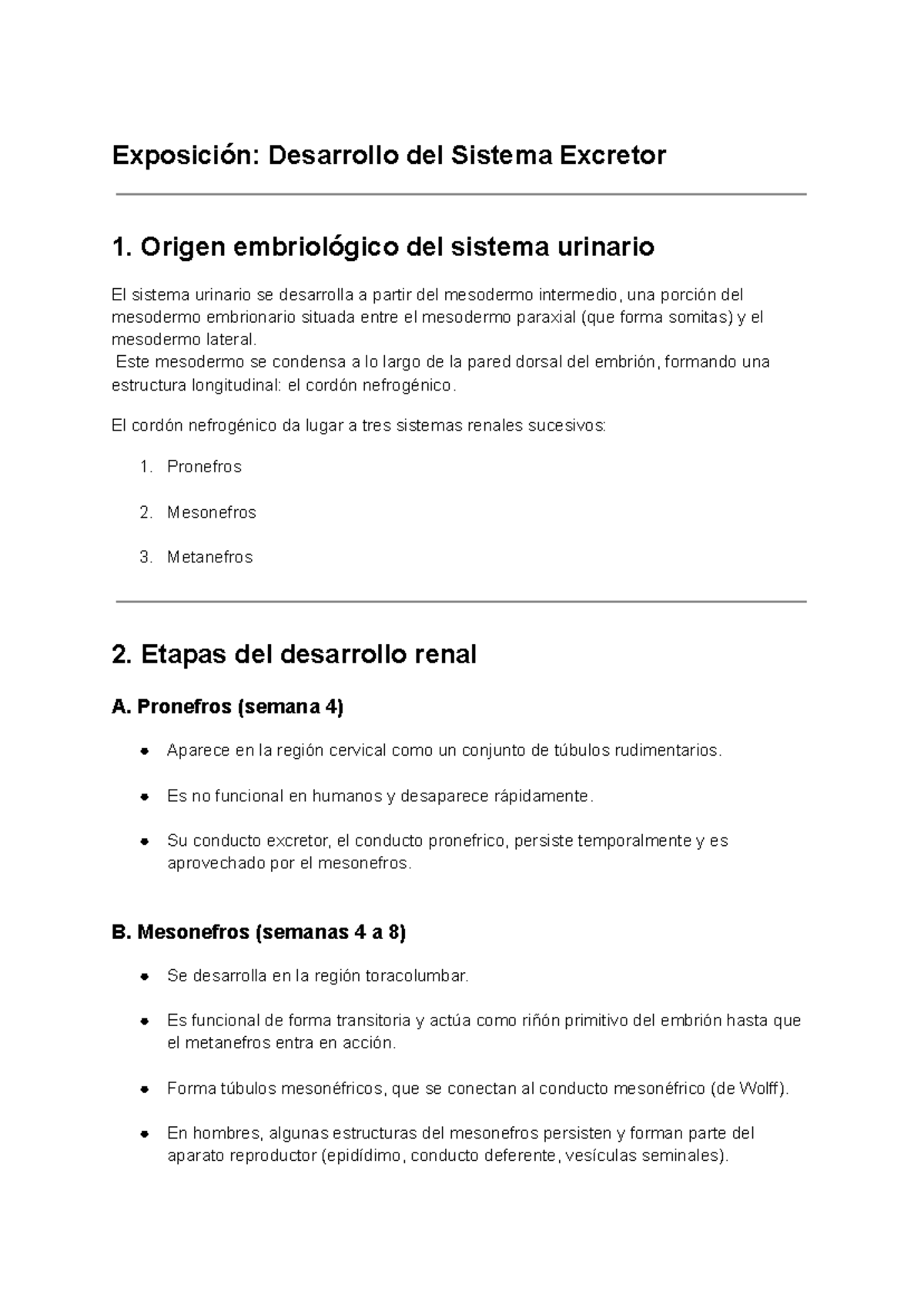 Desarrollo del Sistema Excretor: Origen y Etapas del Riñón - Studocu