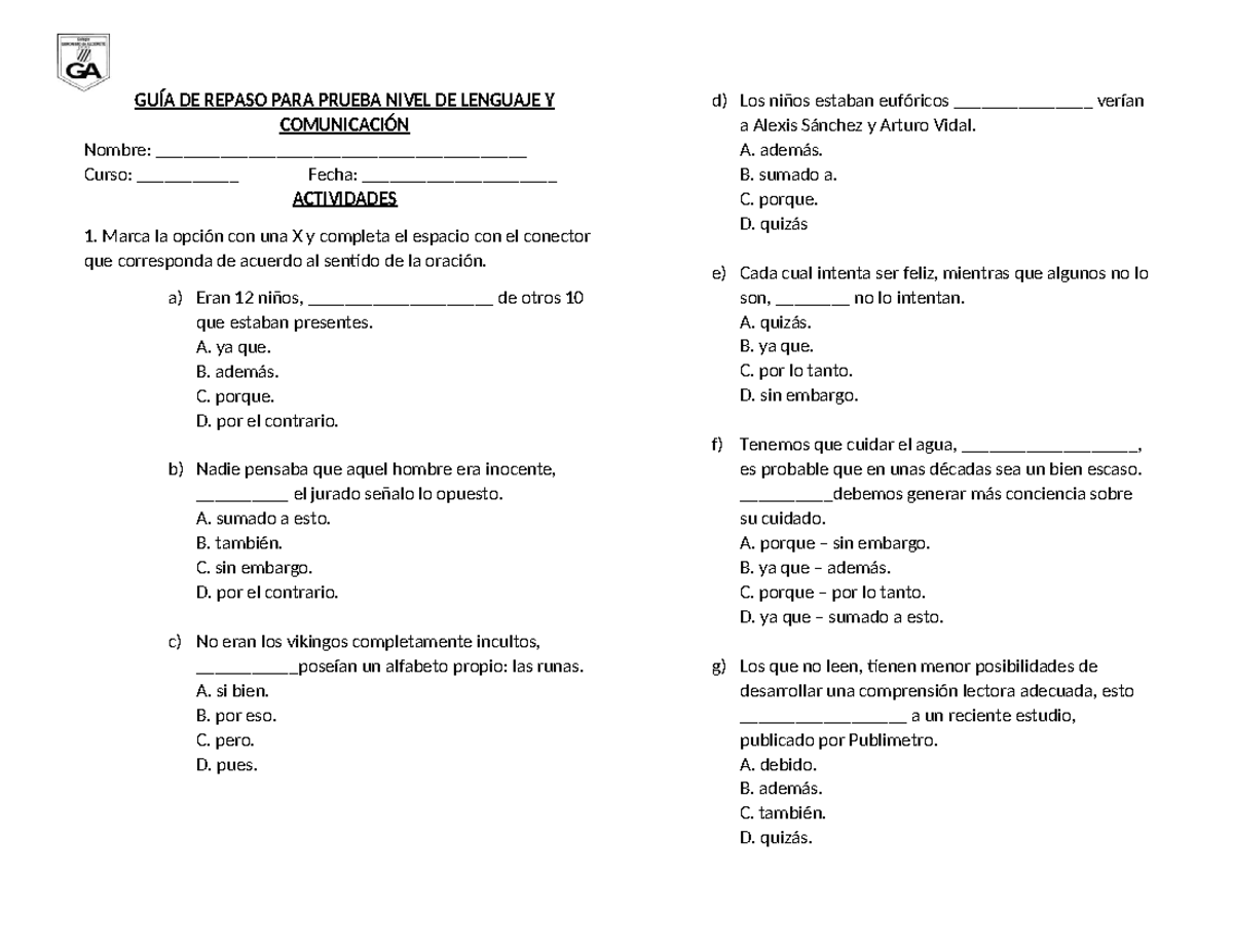 GUÍA DE REPASO PARA PRUEBA NIVEL LENGUAJE Y COMUNICACIÓN - Studocu