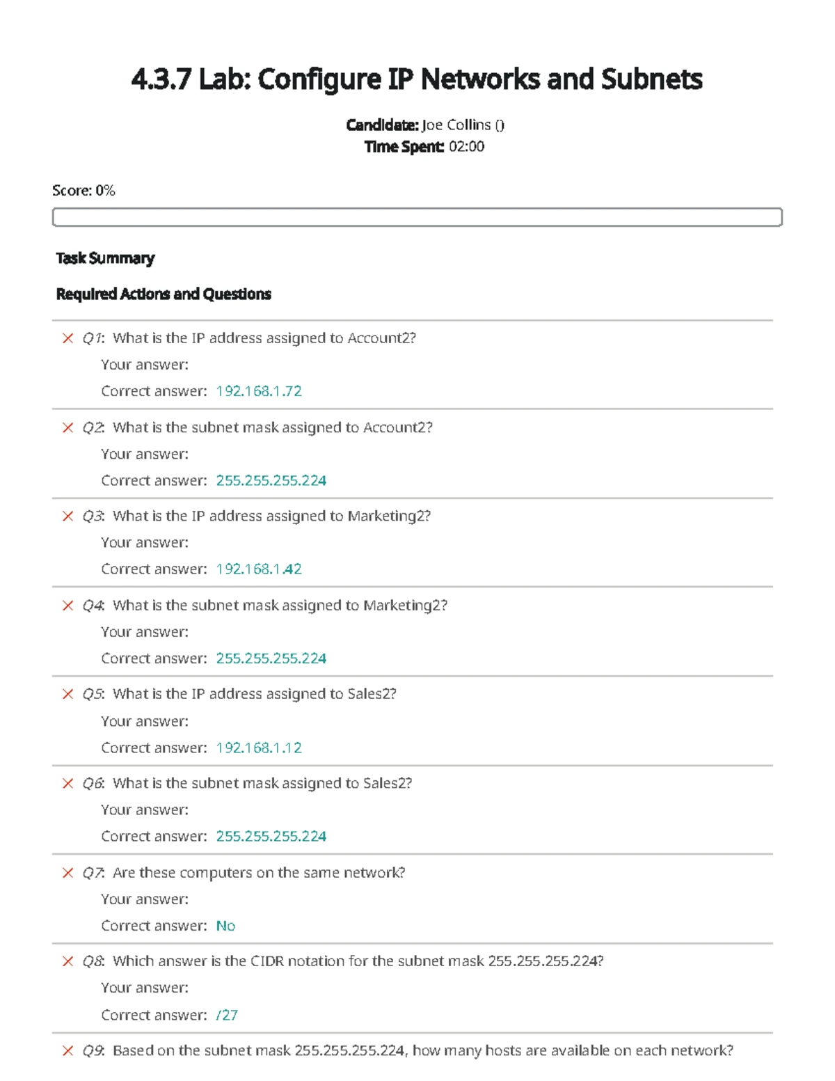 Configure IP Assresses - 4.2 Lab: Con gure IP Addresses Candidate: Joe Collins () Time Spent: 00 ...