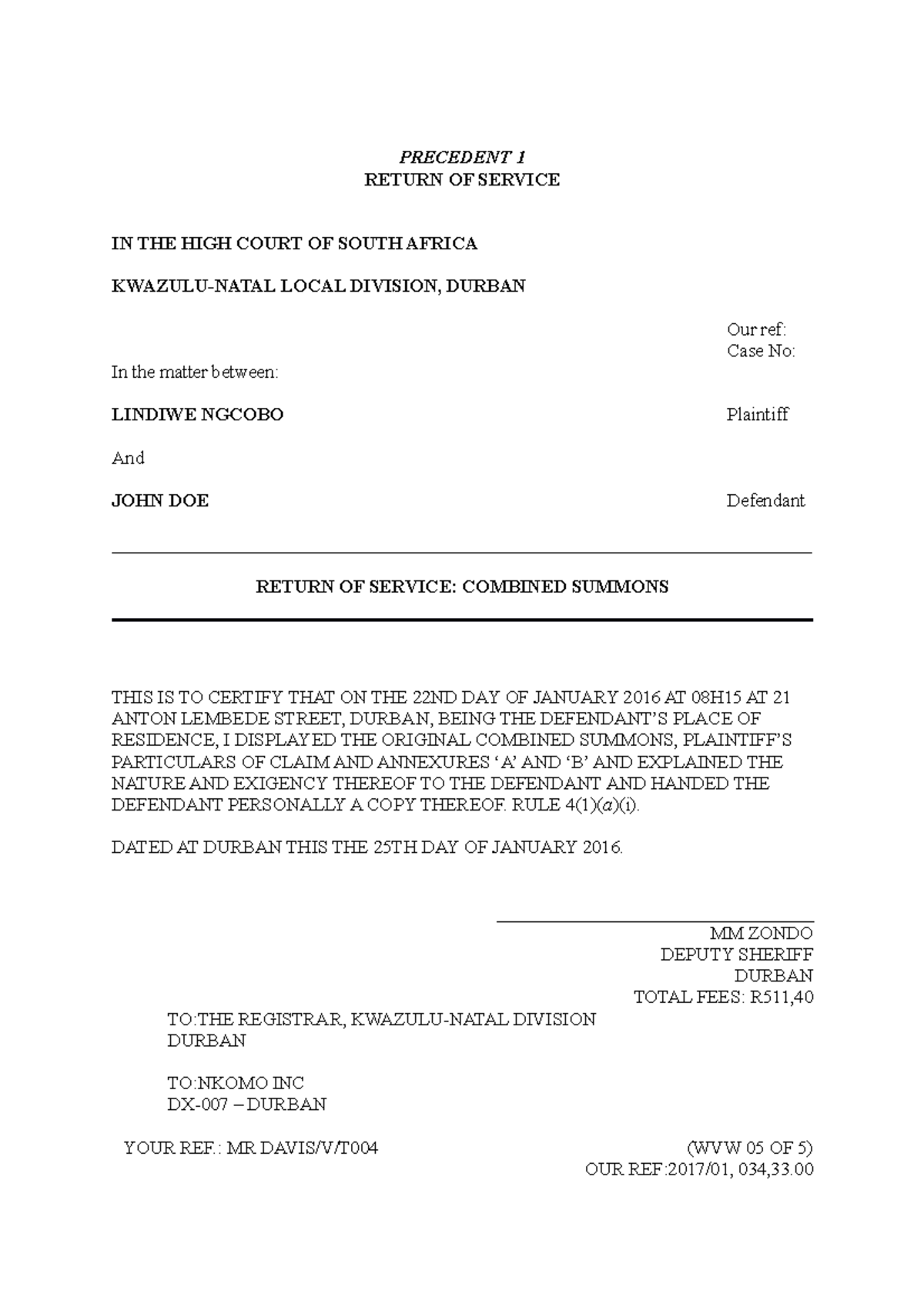 Precedent Examples for High Court Forms - Case No: Reference Document ...