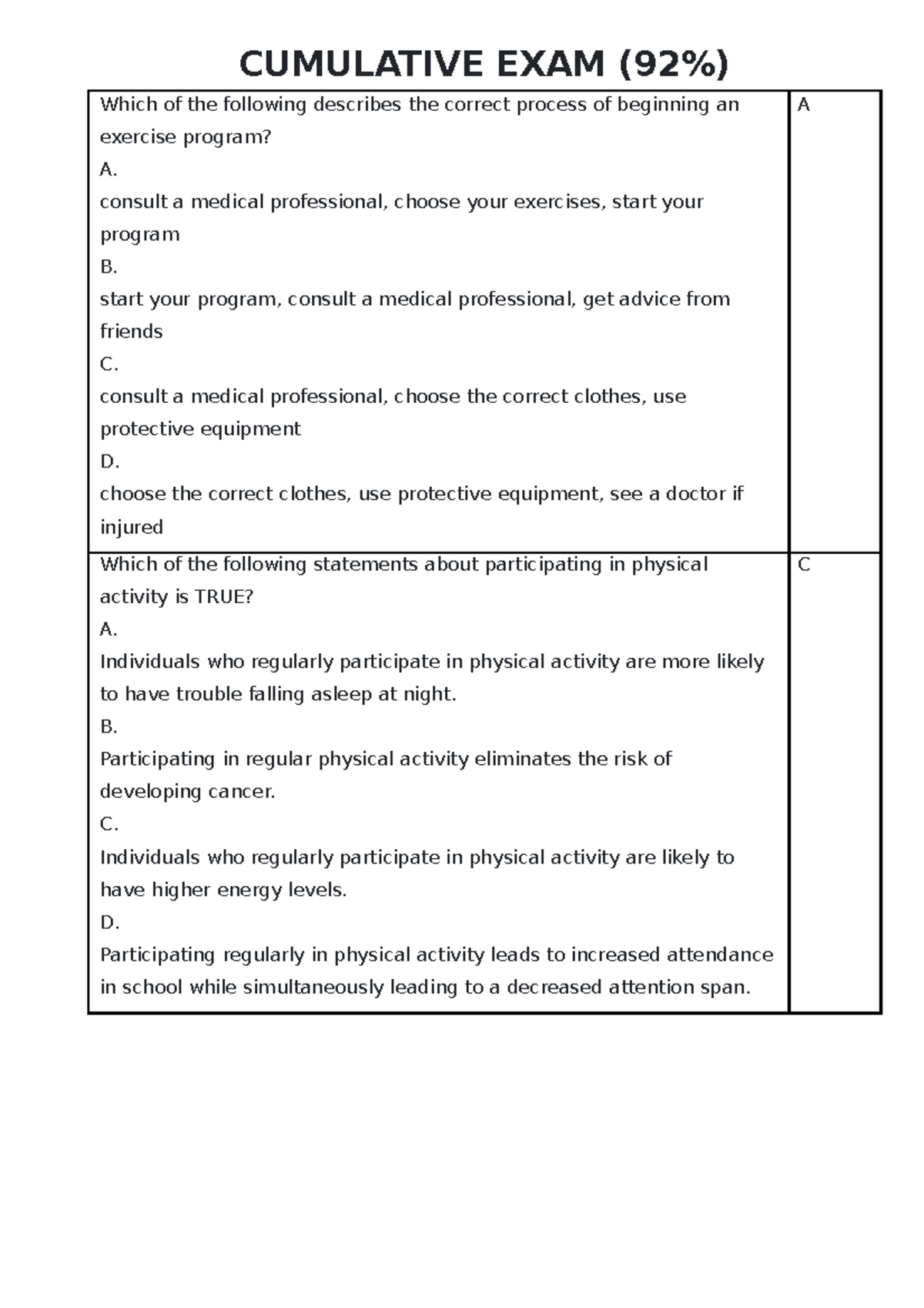 Cumulative Exam Notes - Health & Fitness (92%) - Studocu