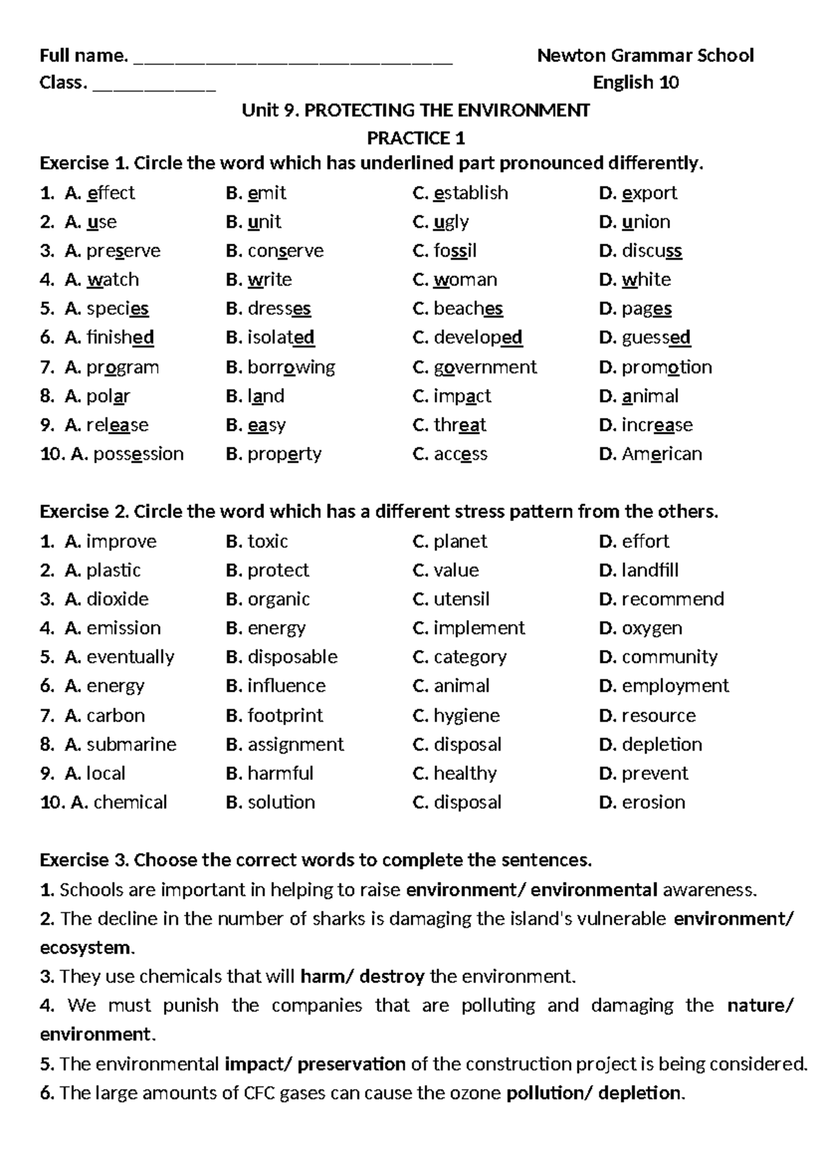G10 Unit 9 - English 10 Practice 1: Protecting the Environment Exercise ...