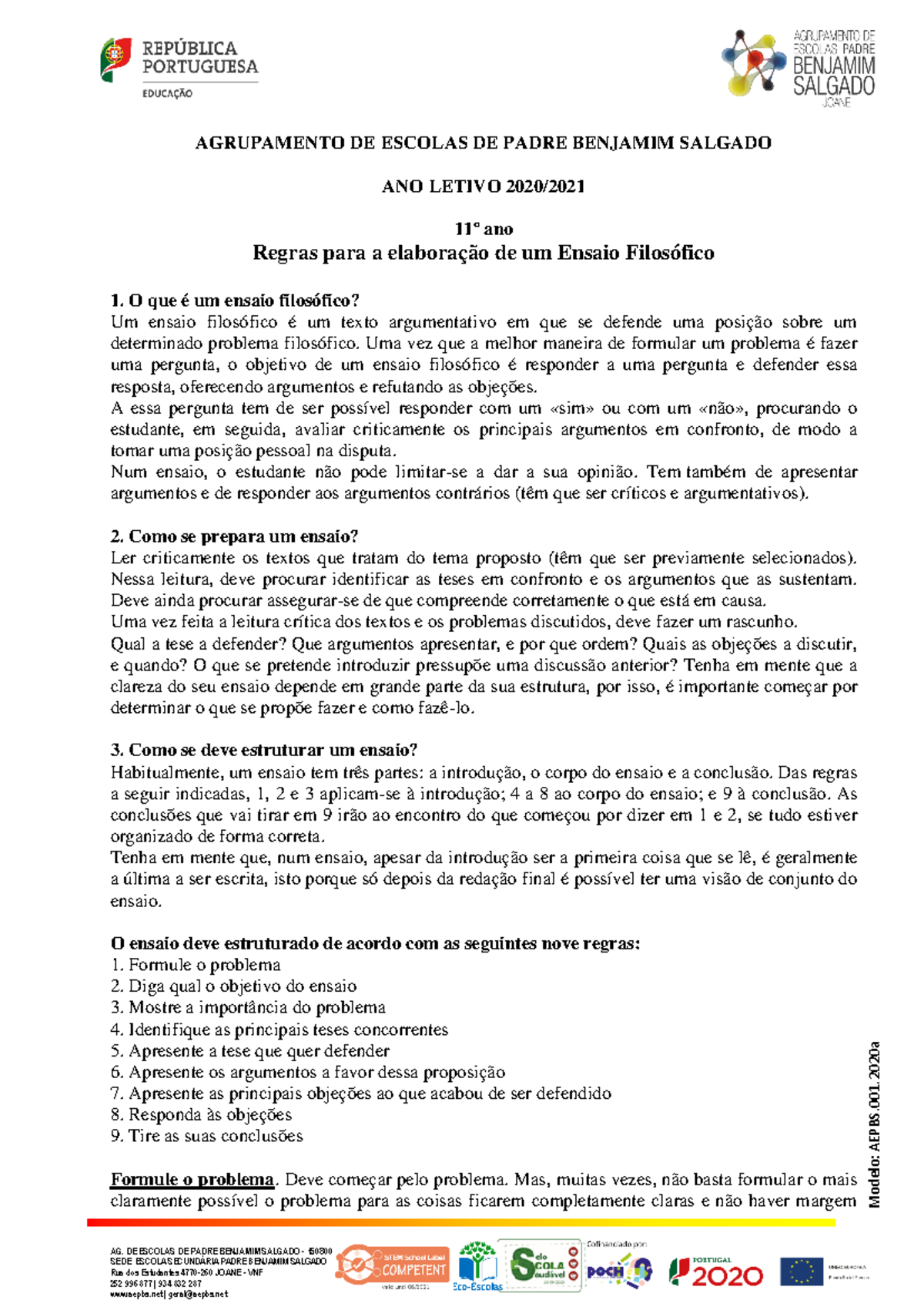 Guião para o Ensaio Filosófico - 11º Ano (AEPBS) - Studocu
