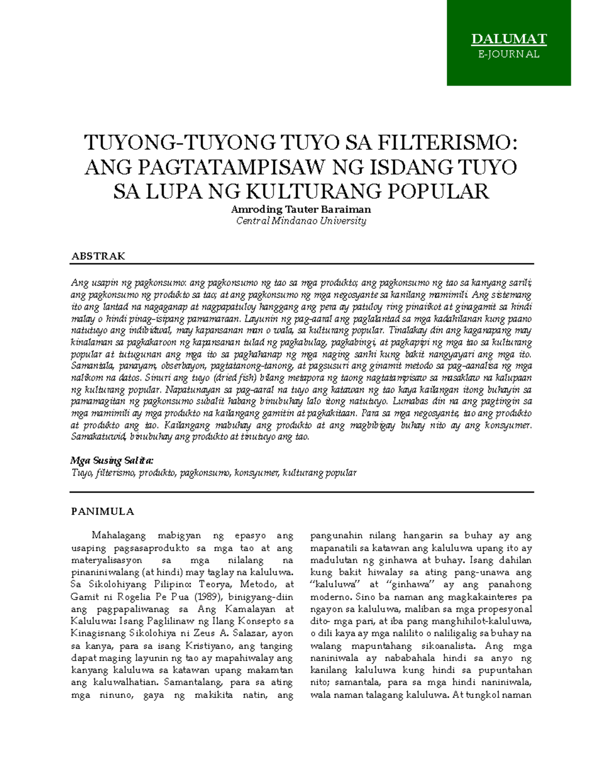 Tuyong-Tuyong Tuyo sa Filterismo: Isang Pag-aaral sa Kulturang Popular ...