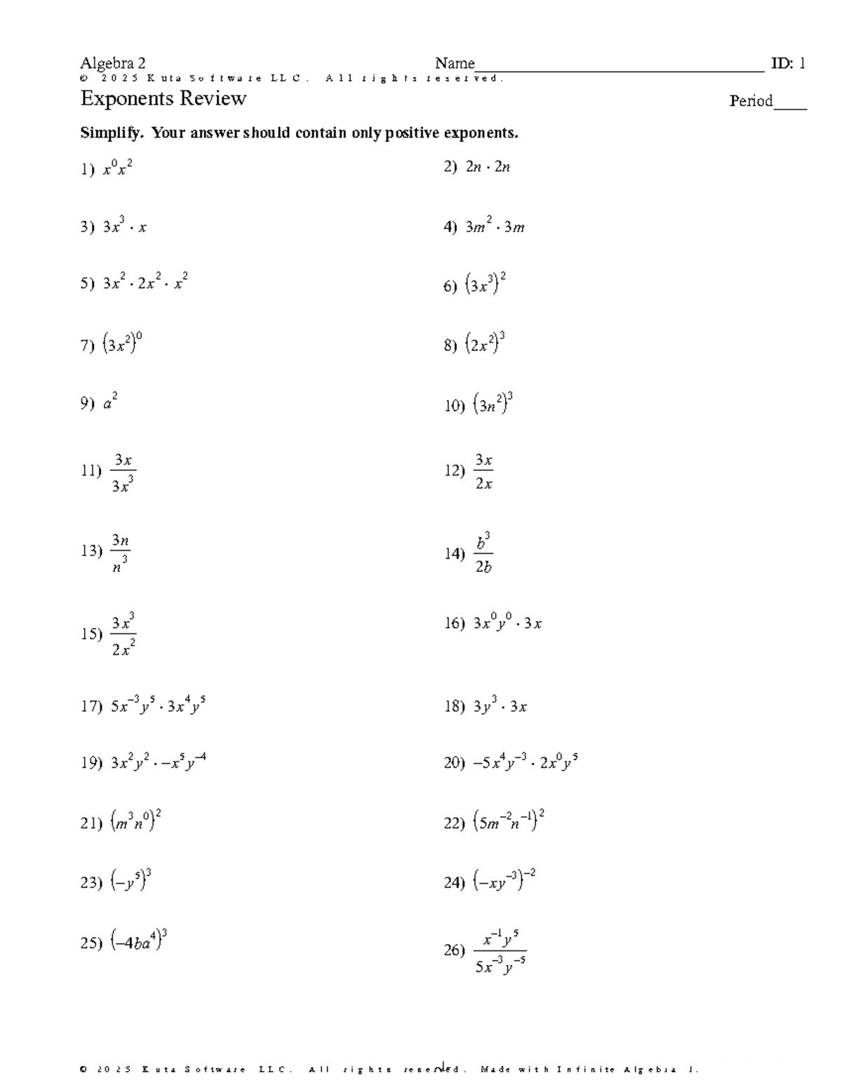 Infinite Algebra 1 - Exponents Review Worksheet (Algebra 2) - ©^ P 2 ...