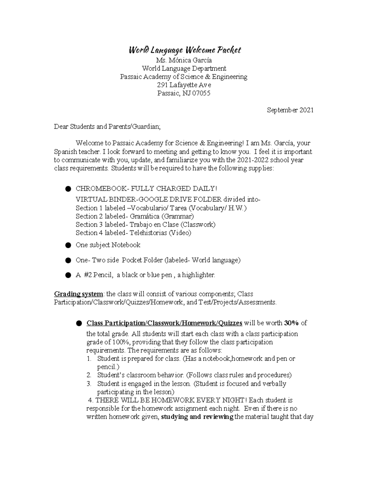Welcome Packet for Spanish Class (2021-2022) by Ms. García - Studocu
