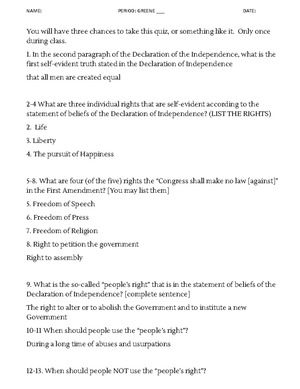 Quiz on the U.S. Constitution & Declaration of Independence (CIV 101 ...