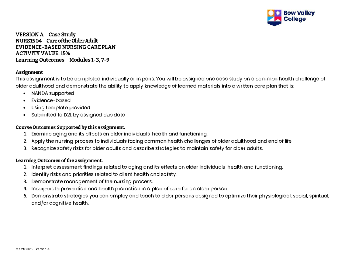 NURS1504 Case Study: Evidence-Based Care Plan for Older Adults - Studocu