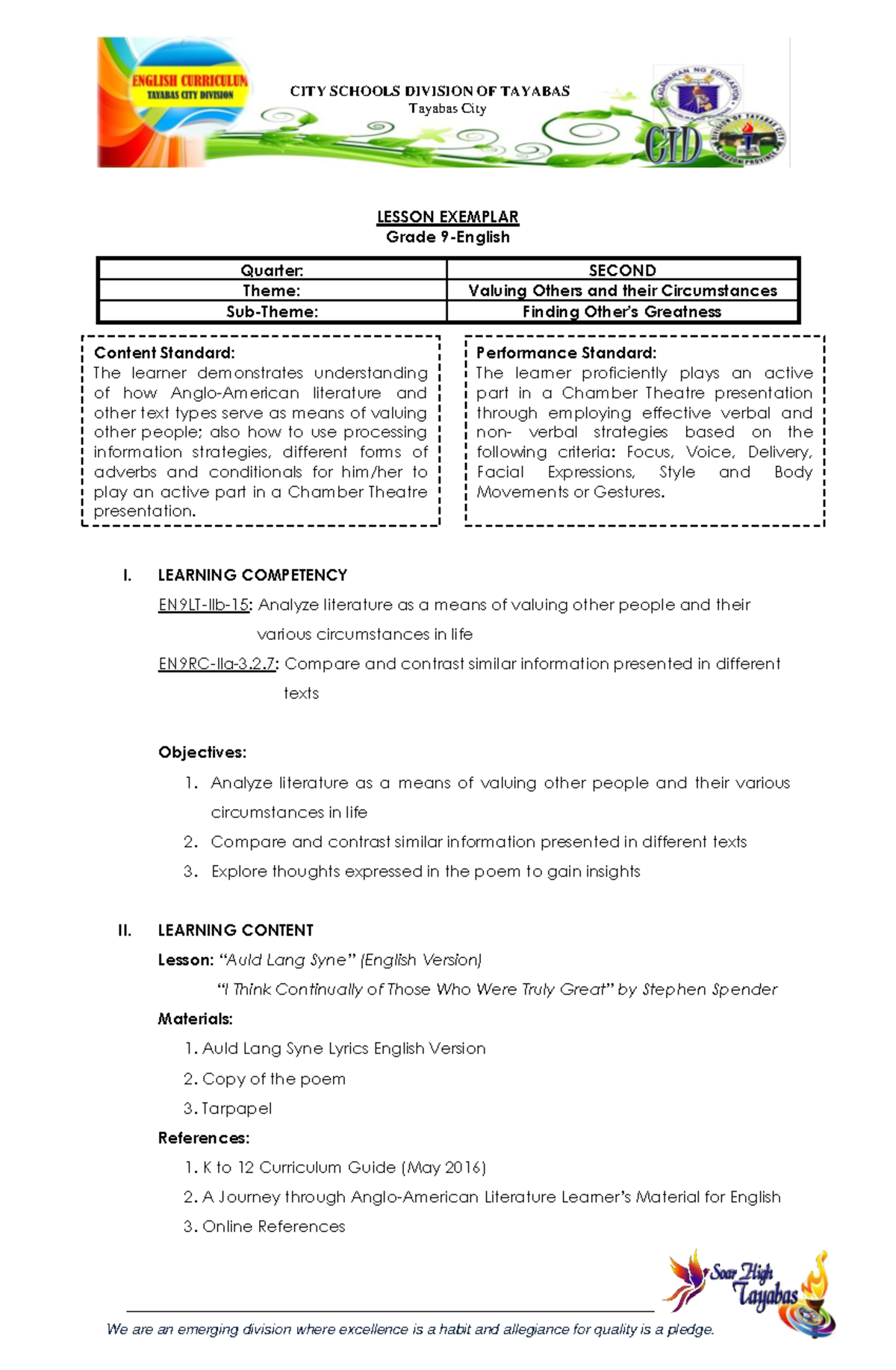 G9 English Lesson Exemplar 2nd Quarter - CITY SCHOOLS DIVISION OF TAYABAS Tayabas City LESSON ...