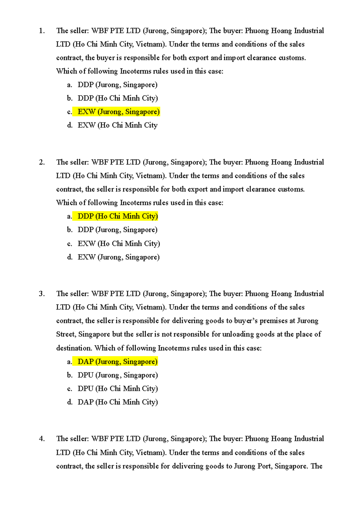 Incoterms có đáp án - Thanh toán quốc tế - The seller: WBF PTE LTD ...
