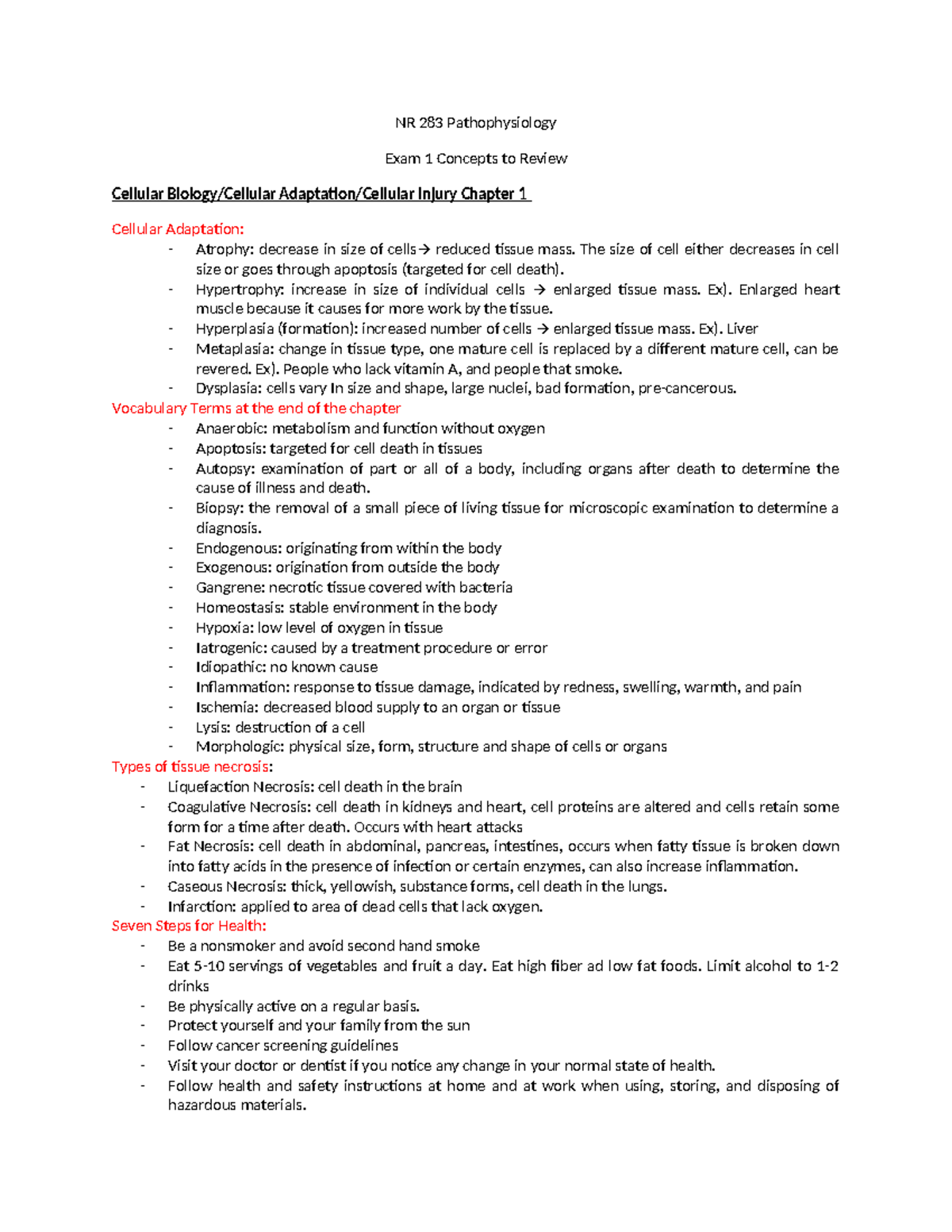 NR 283 Pathophysiology Exam 1 Study Guide: Key Concepts & Terms - Studocu
