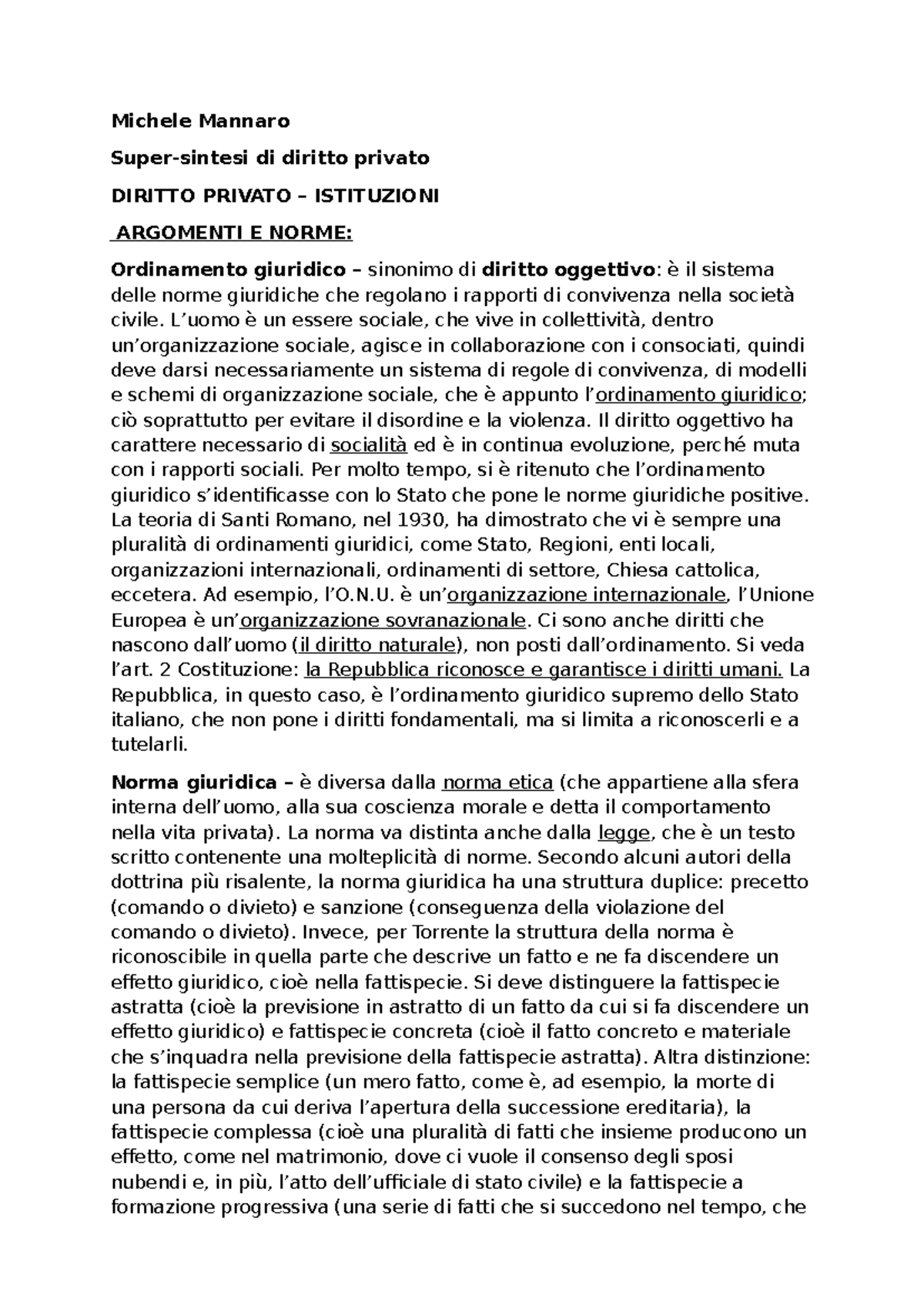 DIRITTO PRIVATO: ISTITUZIONI E NORME - Appunti di Michele Mannaro - Studocu