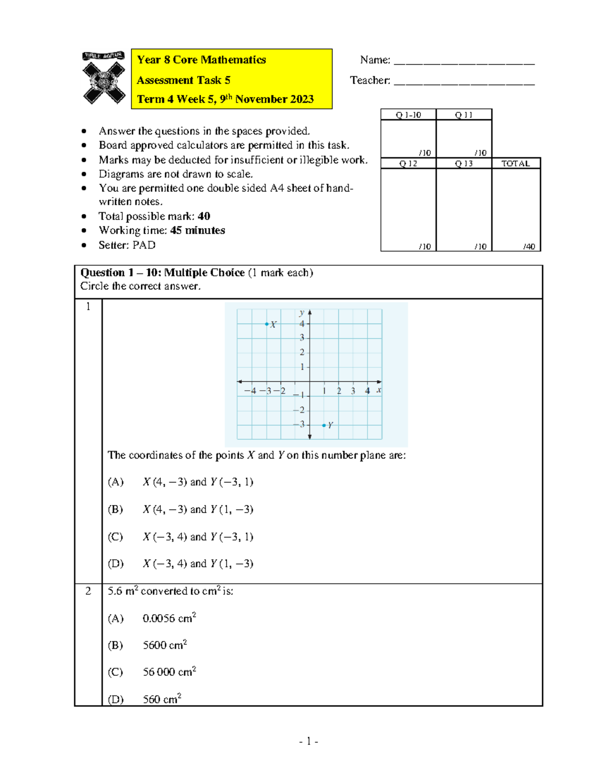 2023 Y8 Core AT5 - rrerke - Year 8 Core Mathematics Name ...