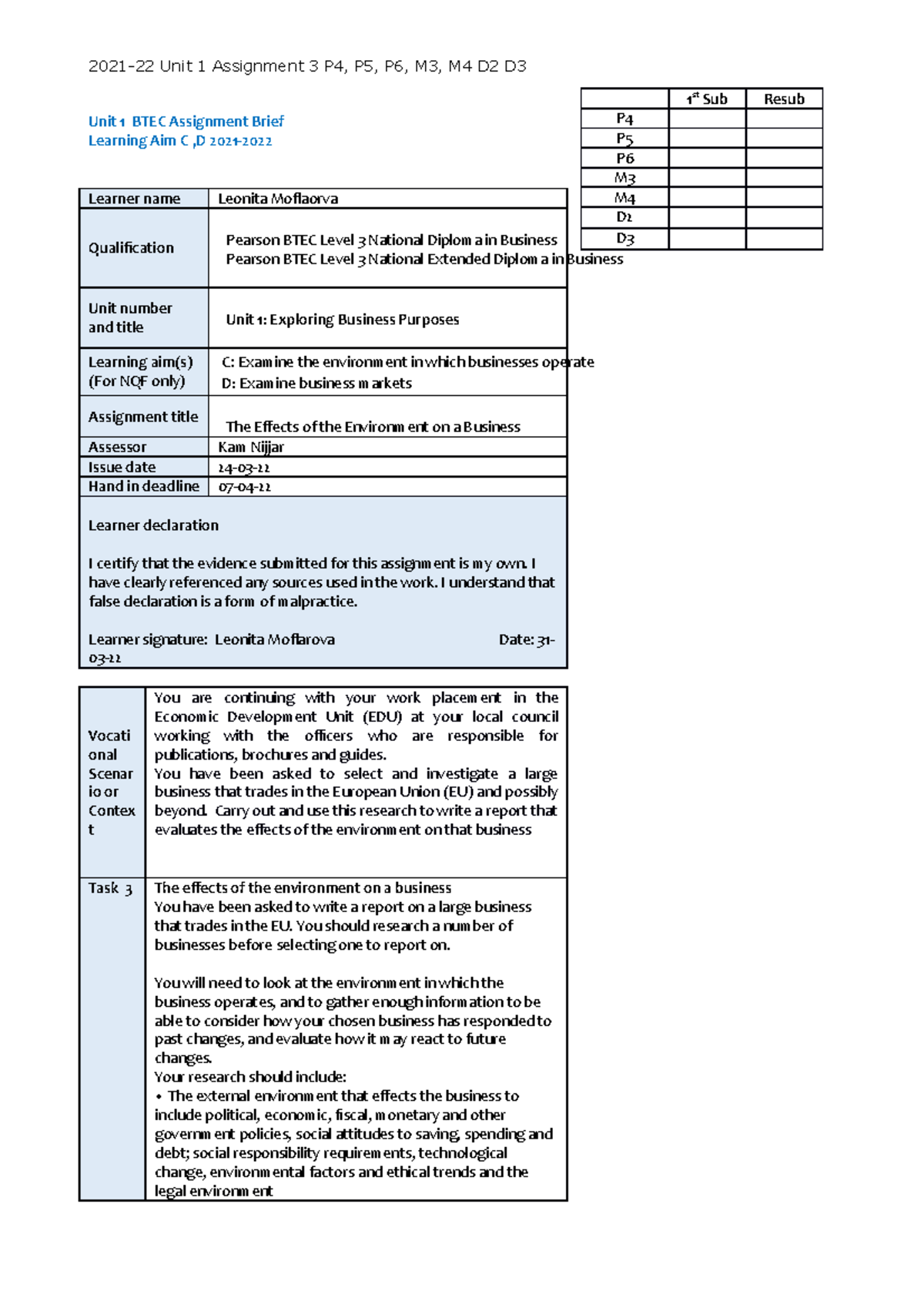 Unit 1 BTEC Assignment 3: Effects of Environment on Business (C, D ...