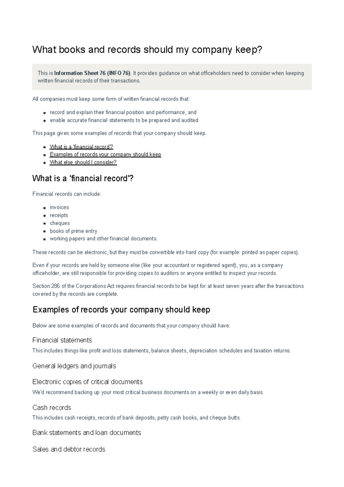 Essential Financial Records for Companies: ASIC INFO 76 Guide - Studocu