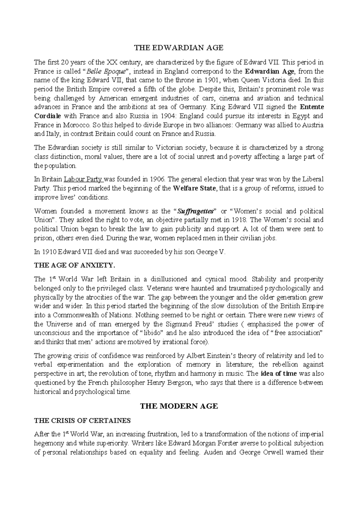 THE MODERN AGE: Summary of English Literature (ENG 101) - Studocu