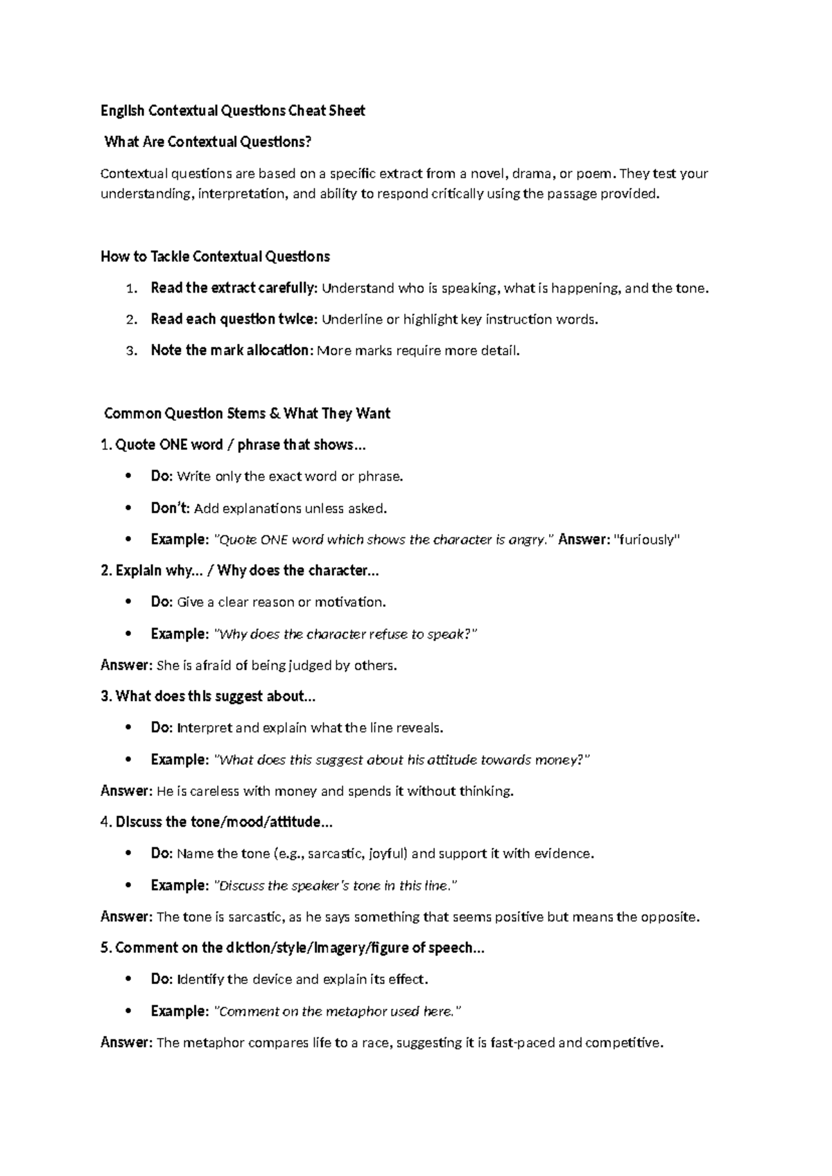 English Contextual Questions Cheat Sheet: Strategies & Common Stems ...