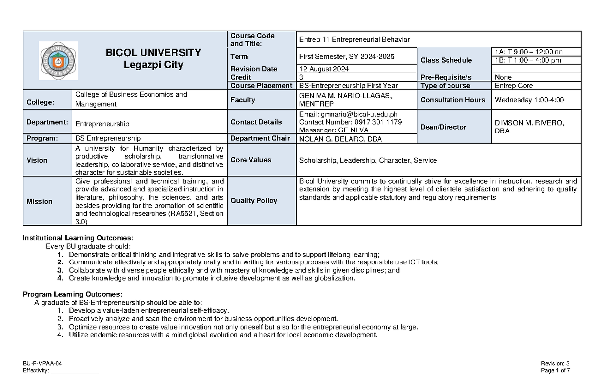 Entrep 11 Syllabus: Overview of Entrepreneurial Behavior (SY 2024-2025 ...