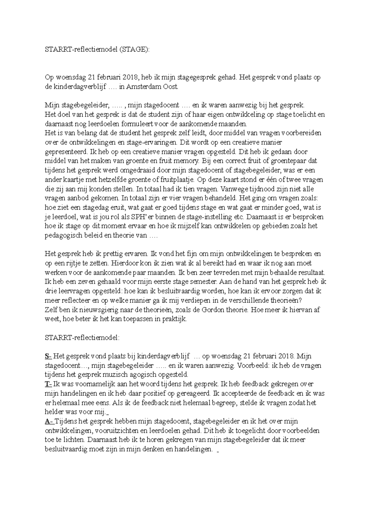 STARRT Reflectiemodel voor Stage - Social Work SPH Document - Studeersnel