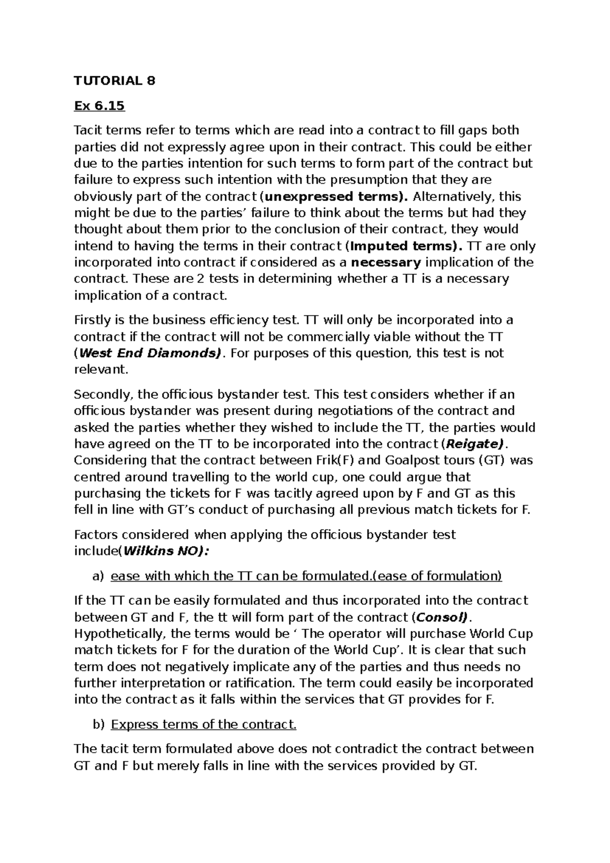 Tutorial 8: Understanding Tacit Terms in Contracts - Studocu