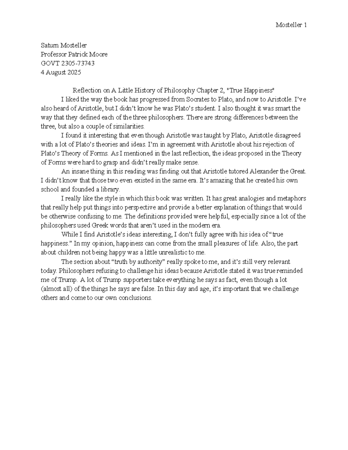 GOVT 4 Reflection on A Little History of Philosophy Ch. 2 - Studocu