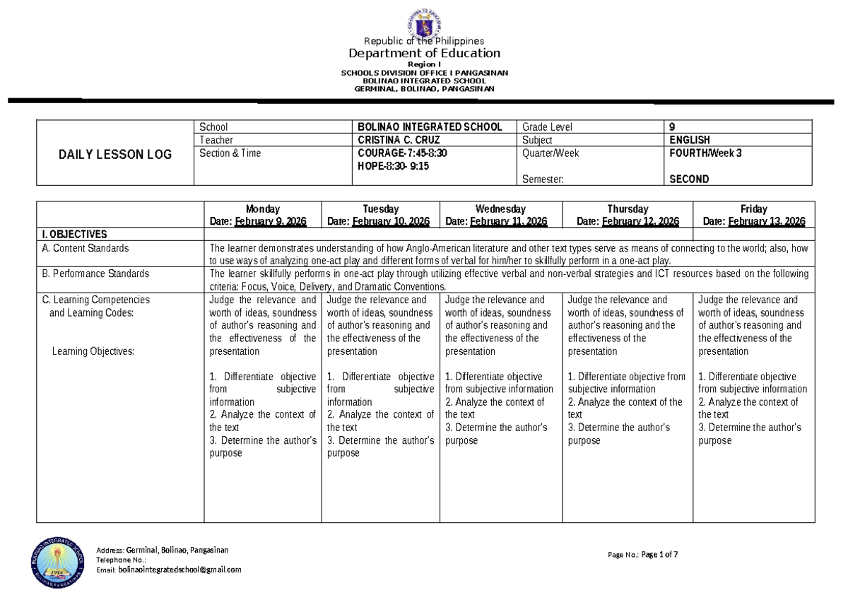 DLL ENG9 Q4 W2: Daily Lesson Log for Grade 9 English - Studocu