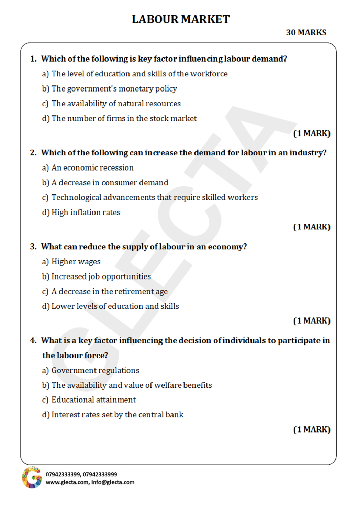 Alevel Y13 Economics Labour Market TEST & Answer - LABOUR MARKET 30 ...