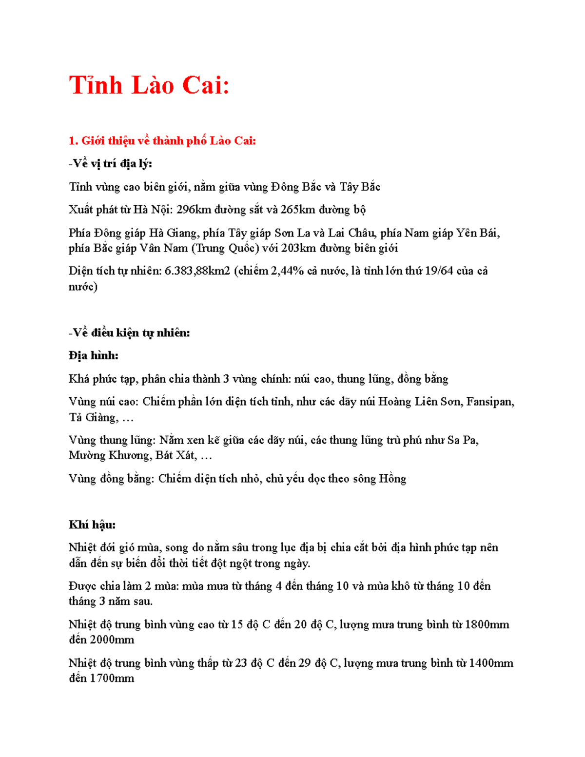 Tìm hiểu Tỉnh Lào Cai: Đặc điểm tự nhiên và giao thông đường bộ - Studocu