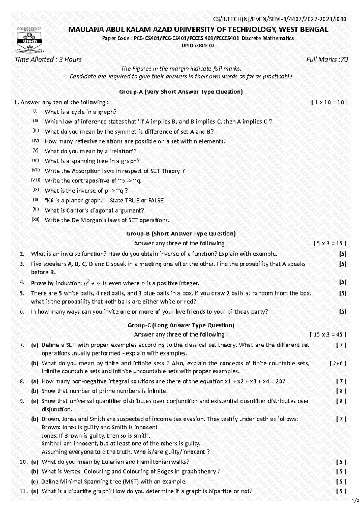 Discrete Mathematics Exam Questions (PCC-CS401) - Studocu