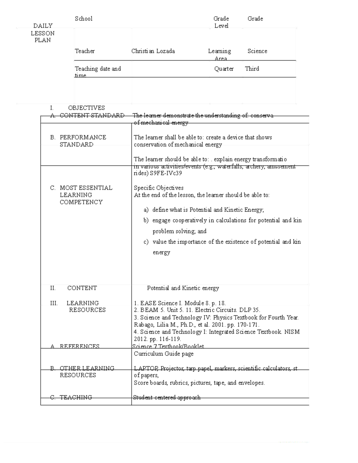 Lesson Plan: Kinetic and Potential Energy (Grade 3 Science) - Studocu