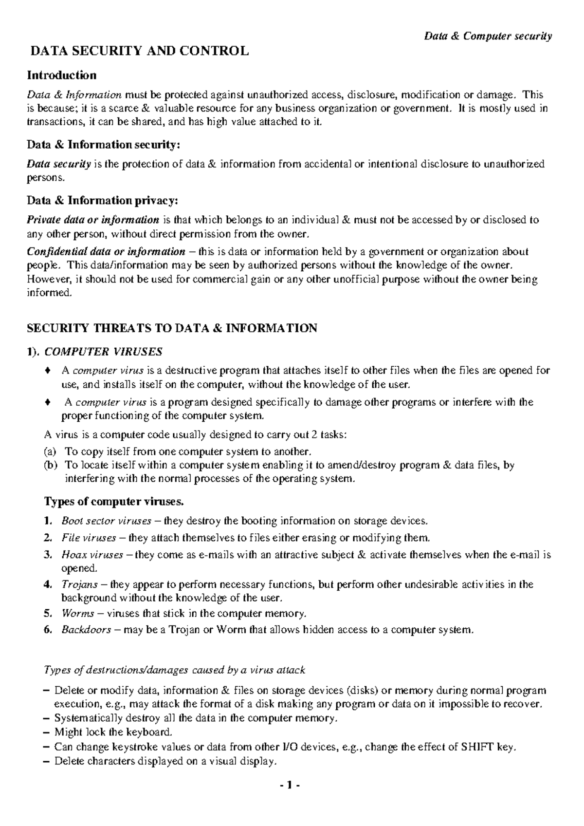 6 - Data Security Notes - Understanding Threats and Protections - Studocu