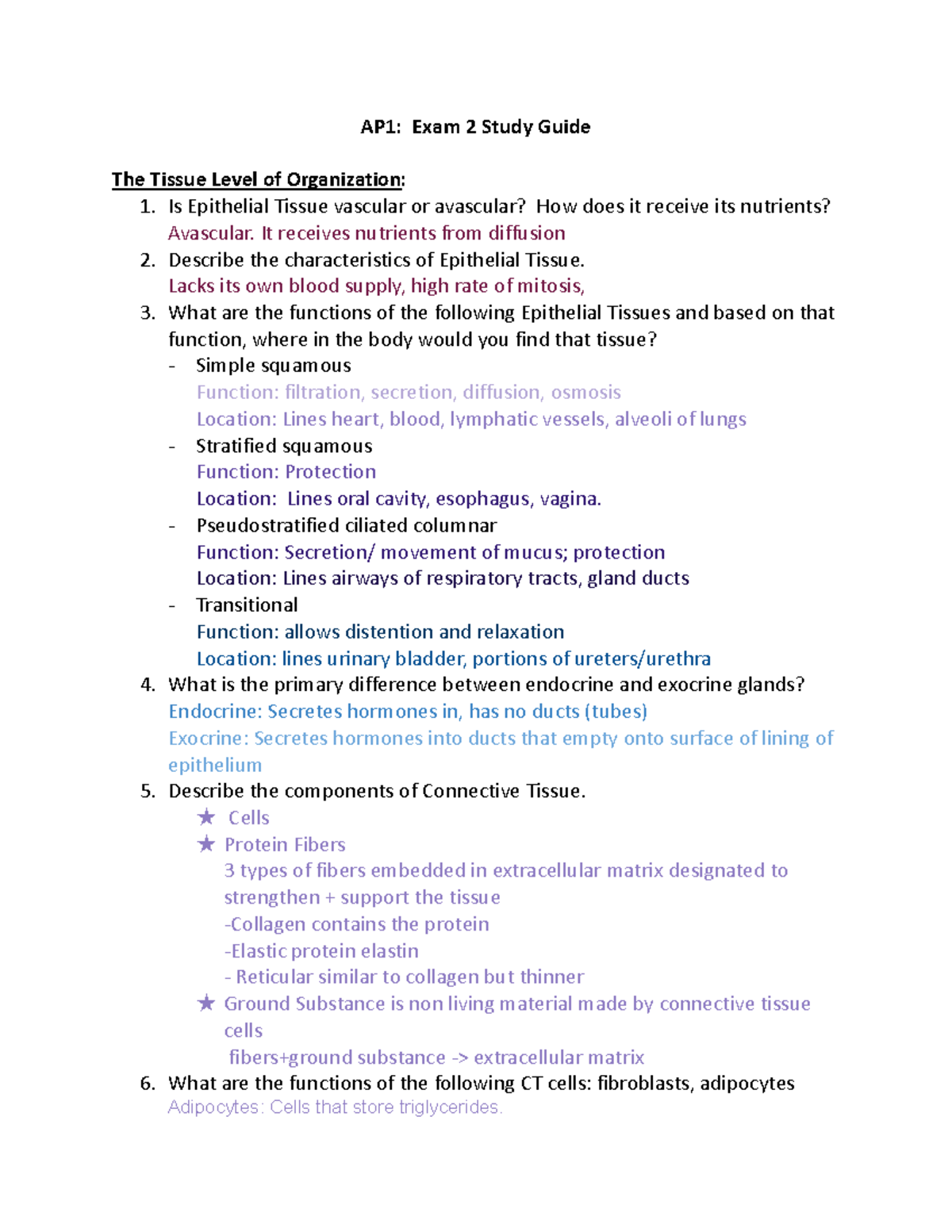 AP1: Exam 2 Tissue Organization & Characteristics Study Guide - Studocu