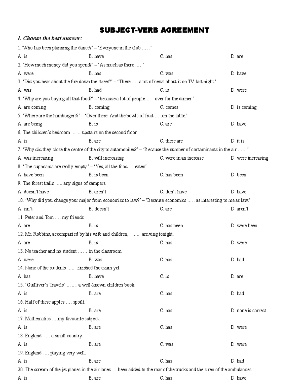 Exercises on Subject-Verb Agreement for Grammar Review - Studocu