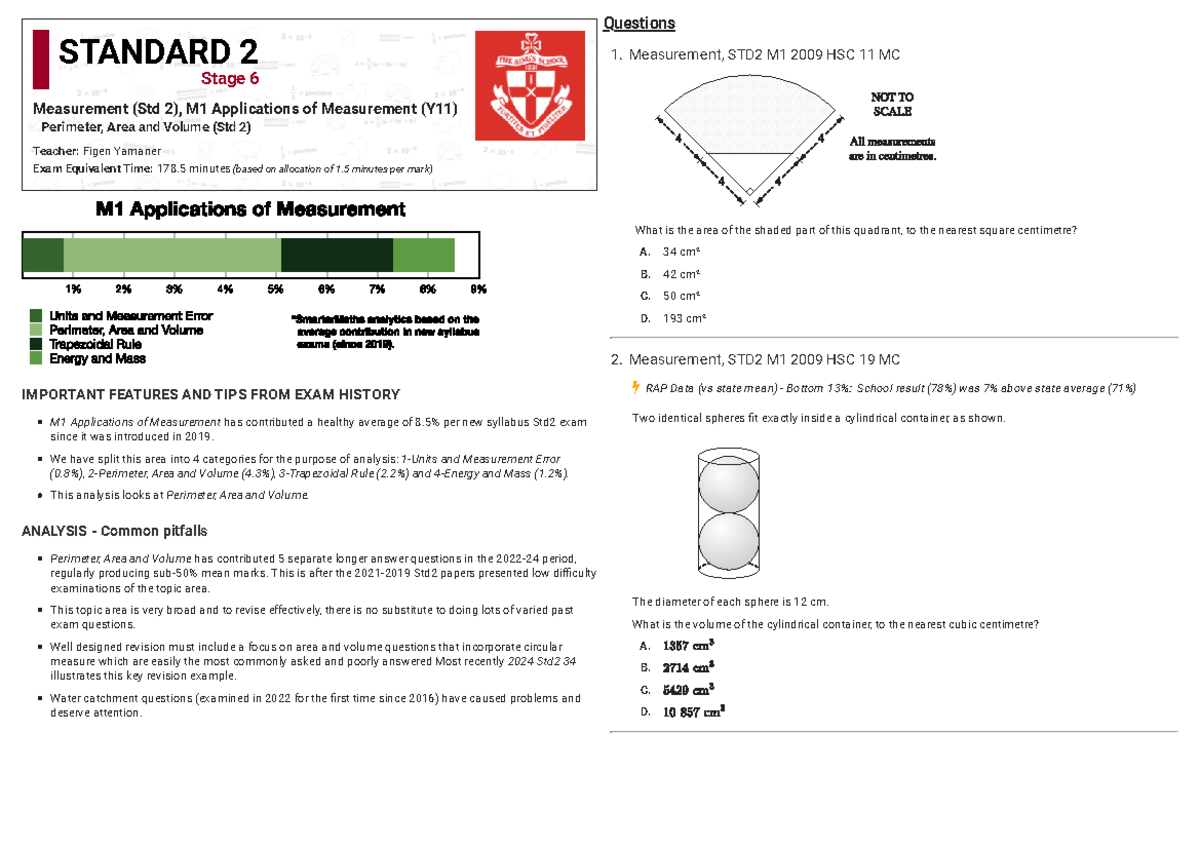 Measurement, STD2 M1 2024 HSC Perimeter, Area, and Volume Exam Guide ...