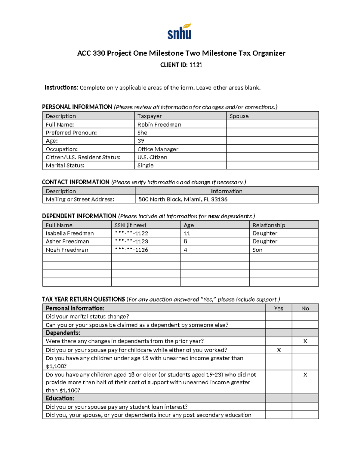 ACC 330 Project One Milestone Two Tax Organizer for Client 1121 - Studocu