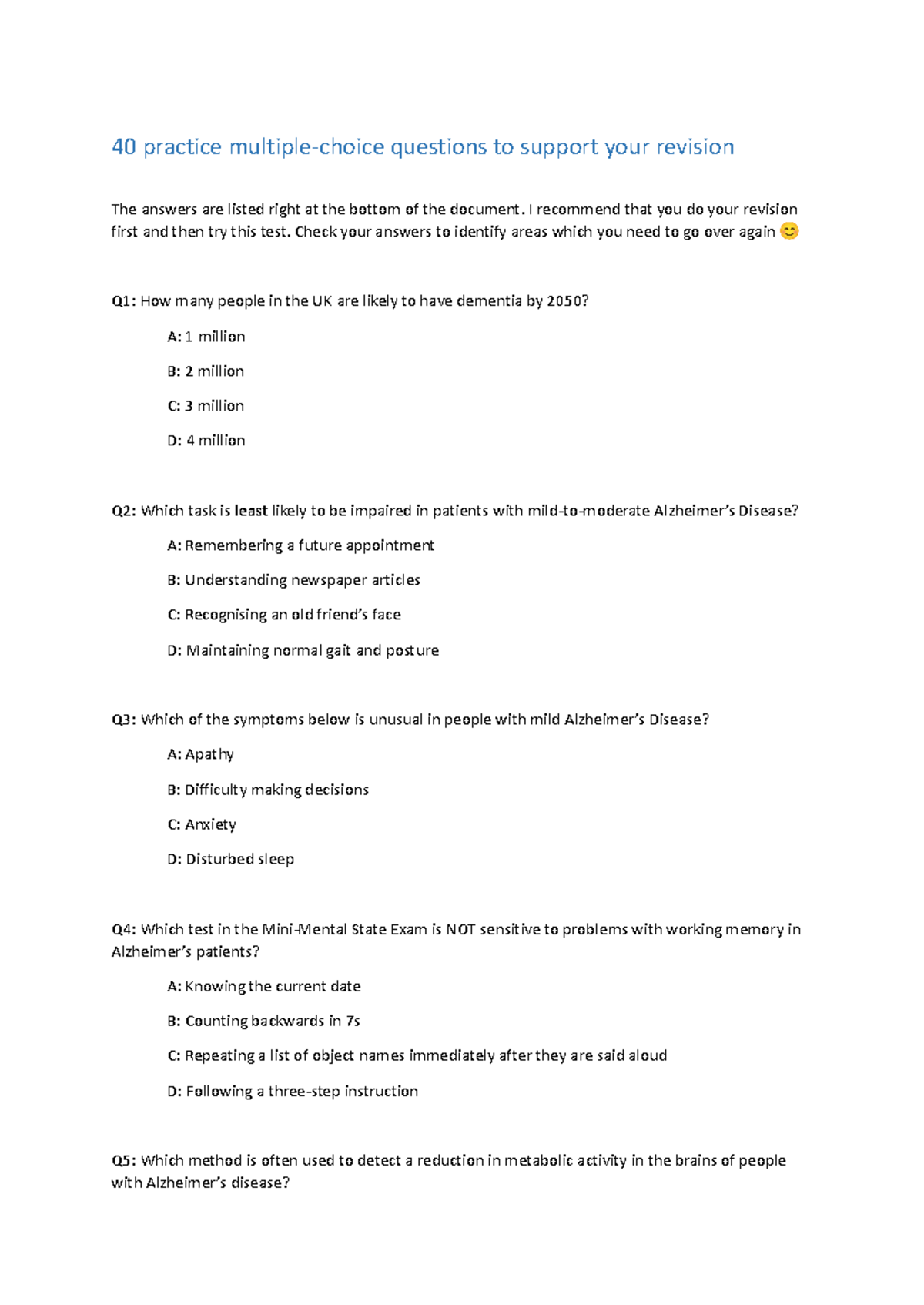 Practice MCQs for VLE Revision: Alzheimer's Disease Insights - Studocu