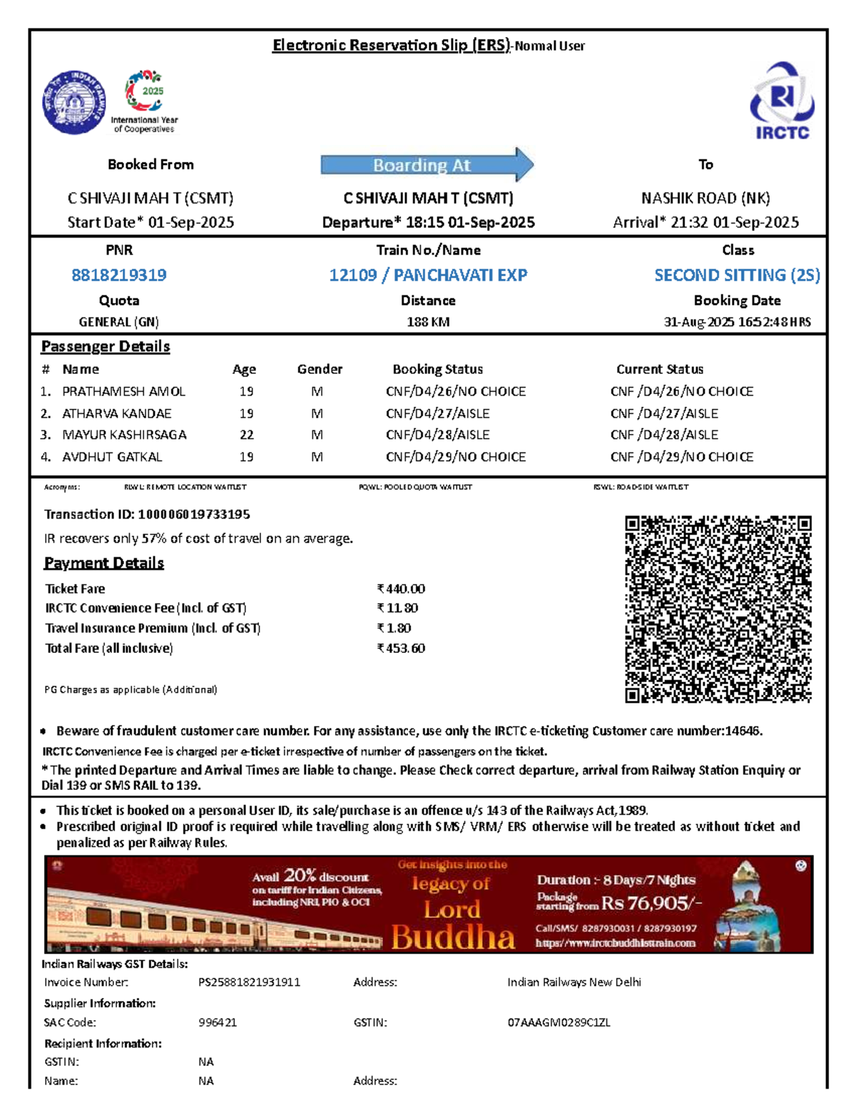 Electronic Reservation Slip for Train Booking (CSMT) - Studocu