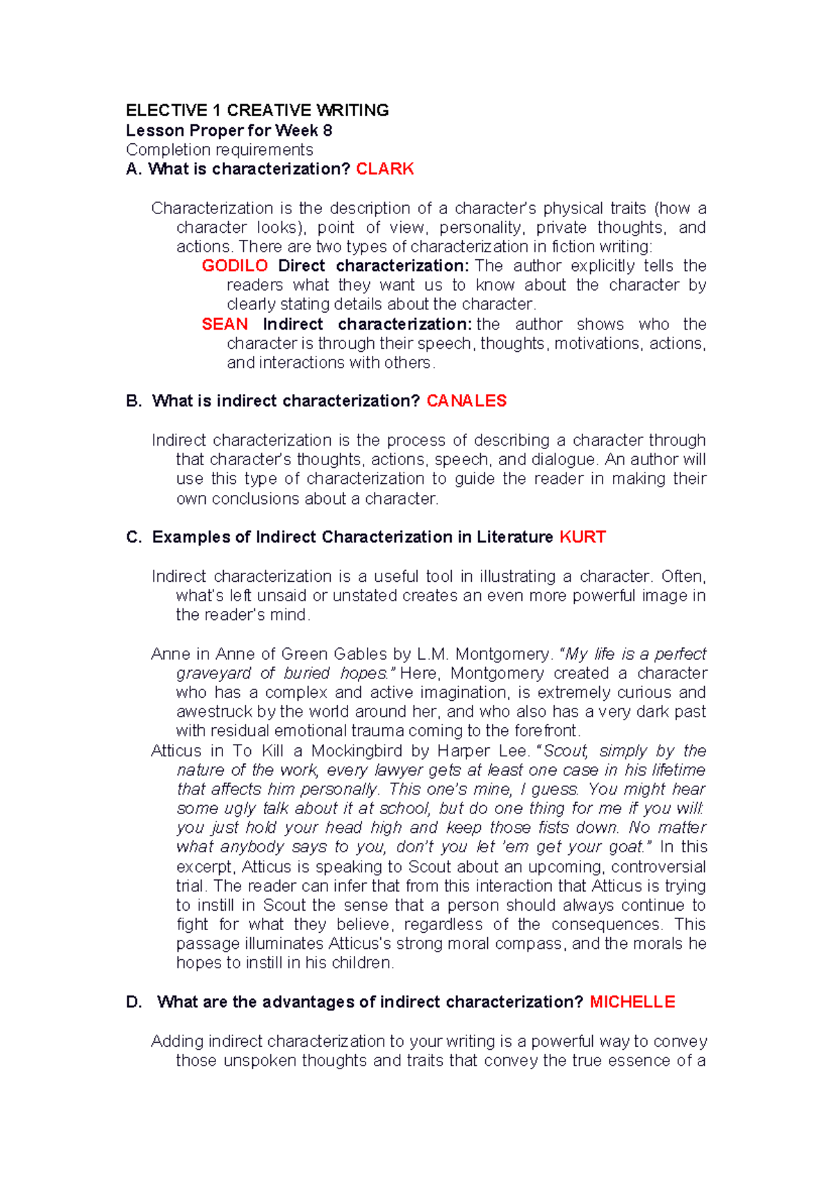 ELECTIVE 1 CREATIVE WRITING Lesson on Characterization for Weeks 8-9 ...