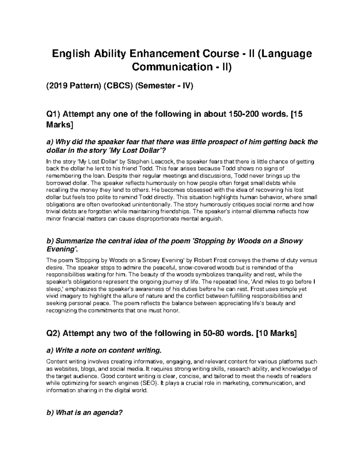 English Ability Enhancement Course II (SEM IV) - QP2 Analysis & Summary ...