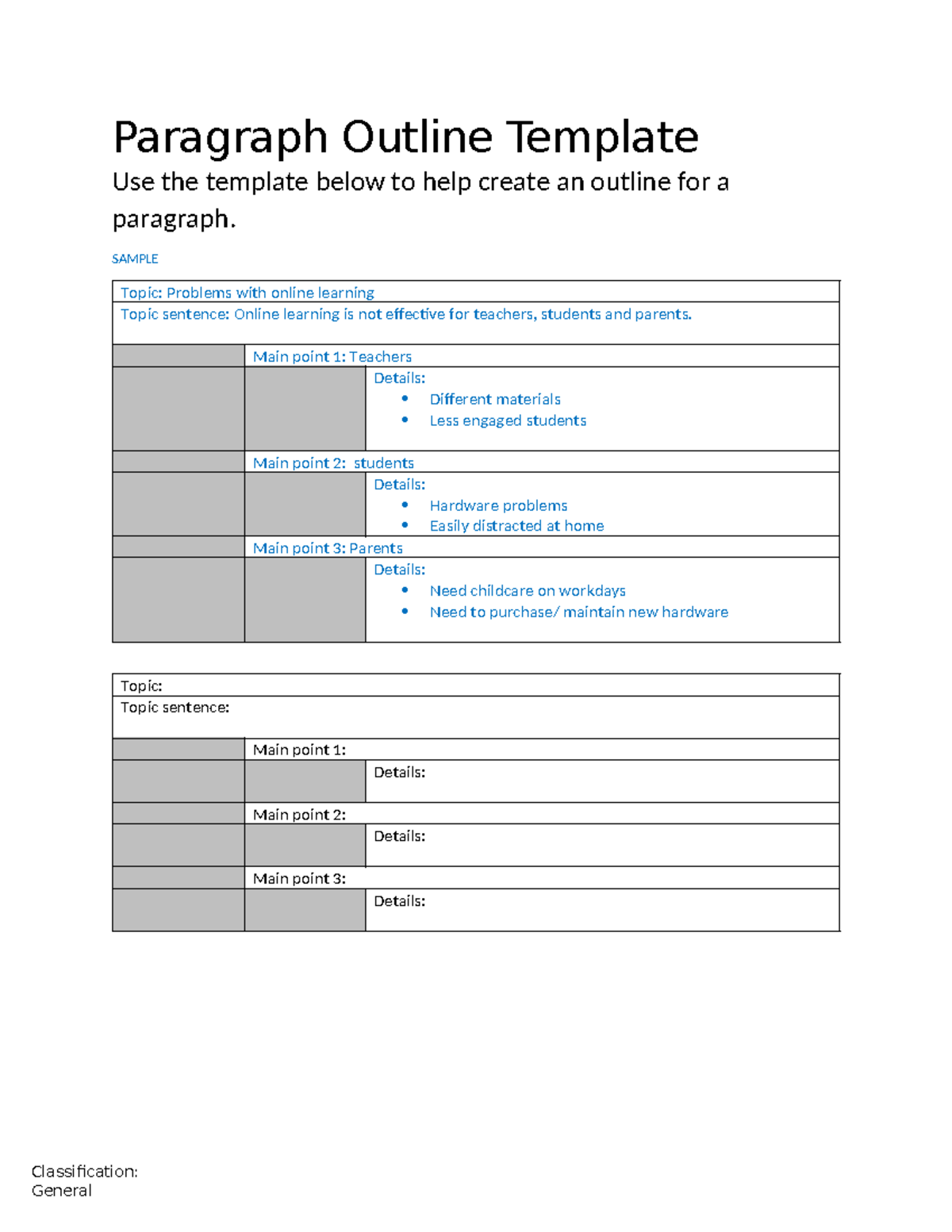 Generic paragraph Outline template - Classification: General Paragraph ...