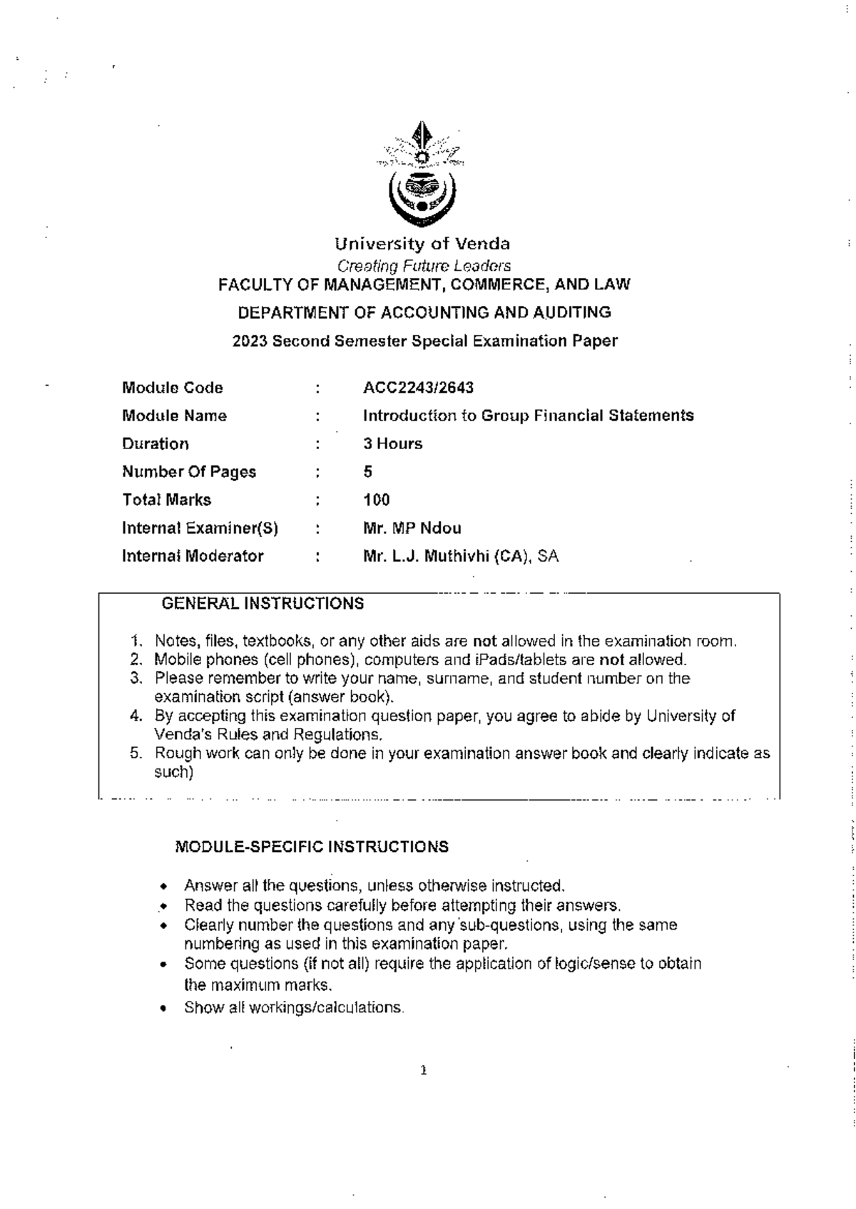 Introduction to Group Financial Statements Exam Paper ACC 2023 ...