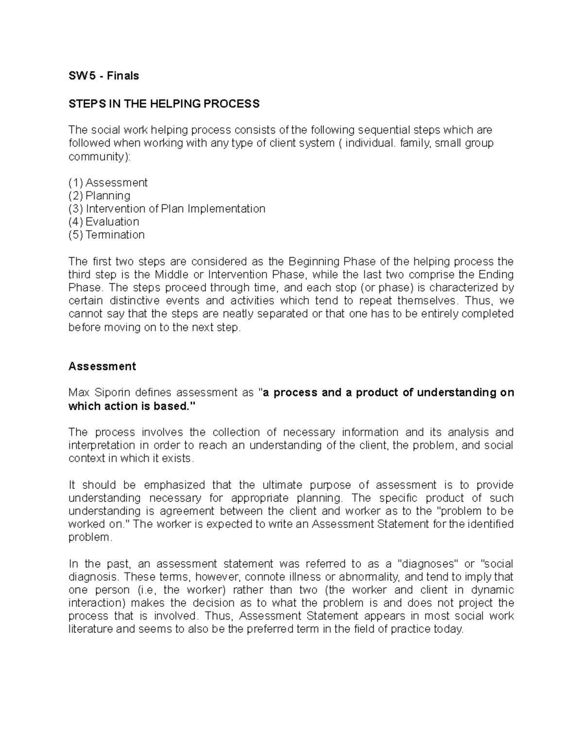 SW 5 Finals: Steps in the Social Work Helping Process - Studocu
