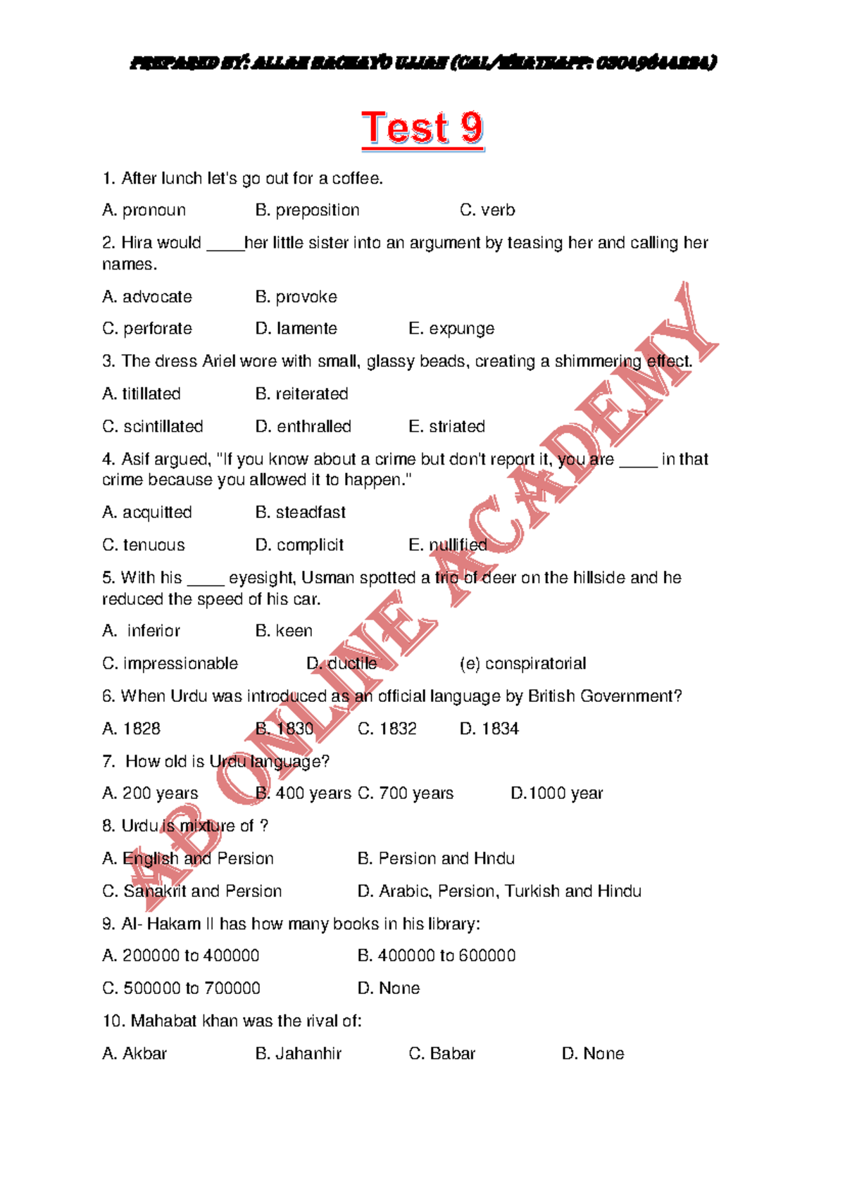 Test 9 - General Knowledge MCQs with Answer Key - Studocu
