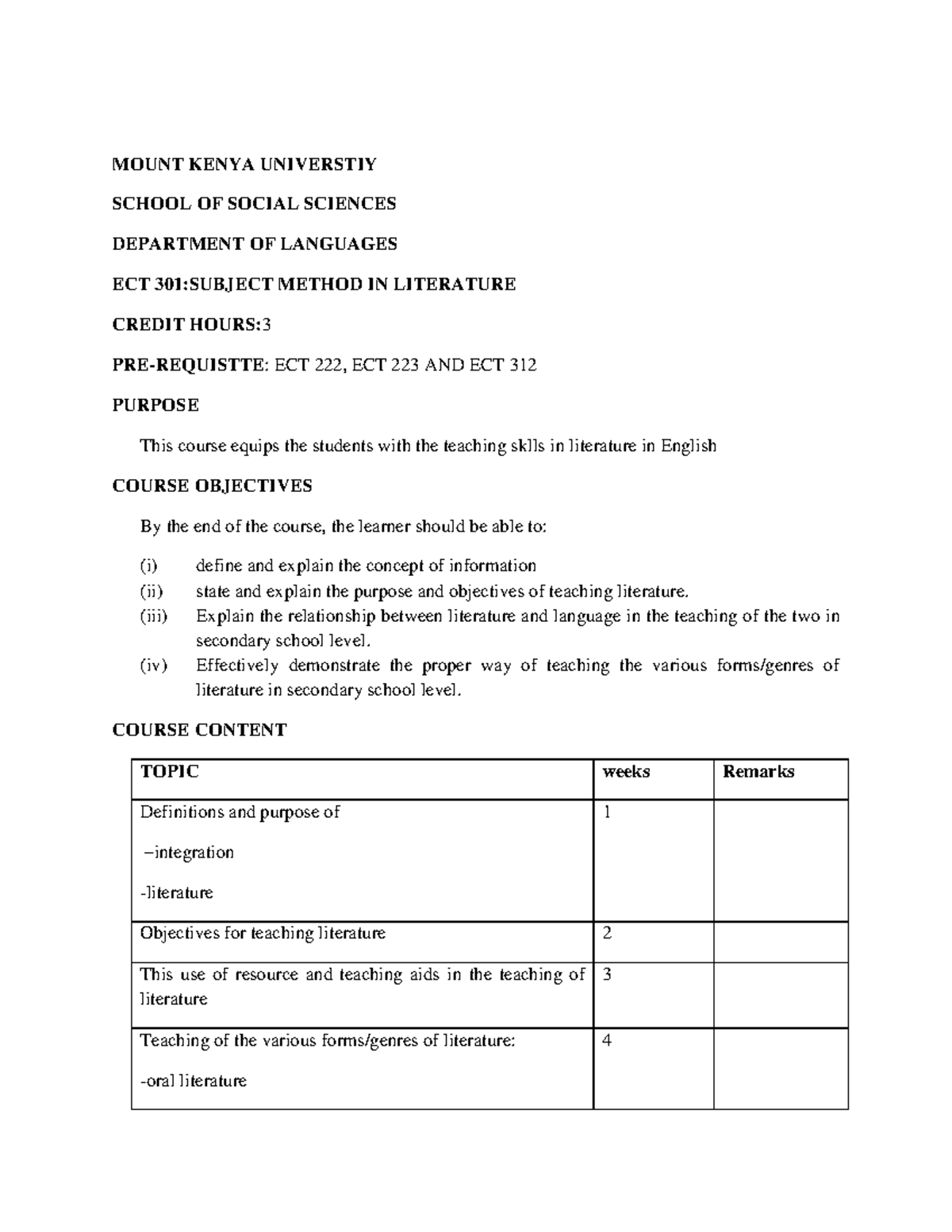 ECT 301: Subject Method in Literature - Course Overview and Objectives ...