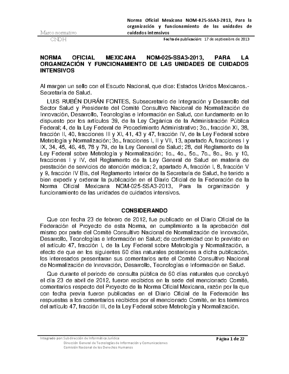 Norma Oficial Mexicana NOM-025-SSA3-2013: Cuidados Intensivos - Studocu