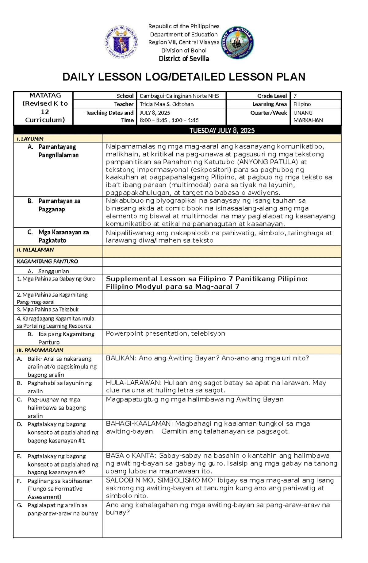 FIL 7 WEEK 3-3 - Daily Lesson Plan for Filipino 7 - Studocu