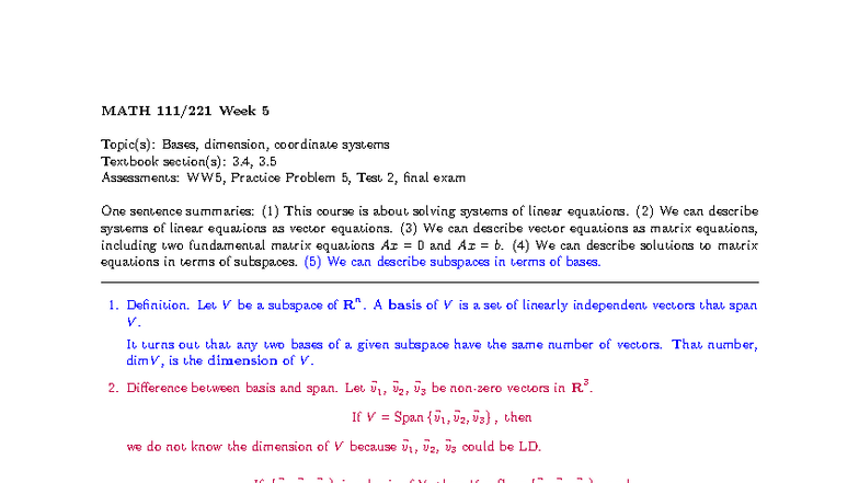 MATH 101 Week 5 Lecture Notes: Bases, Dimensions, and Systems - Studocu