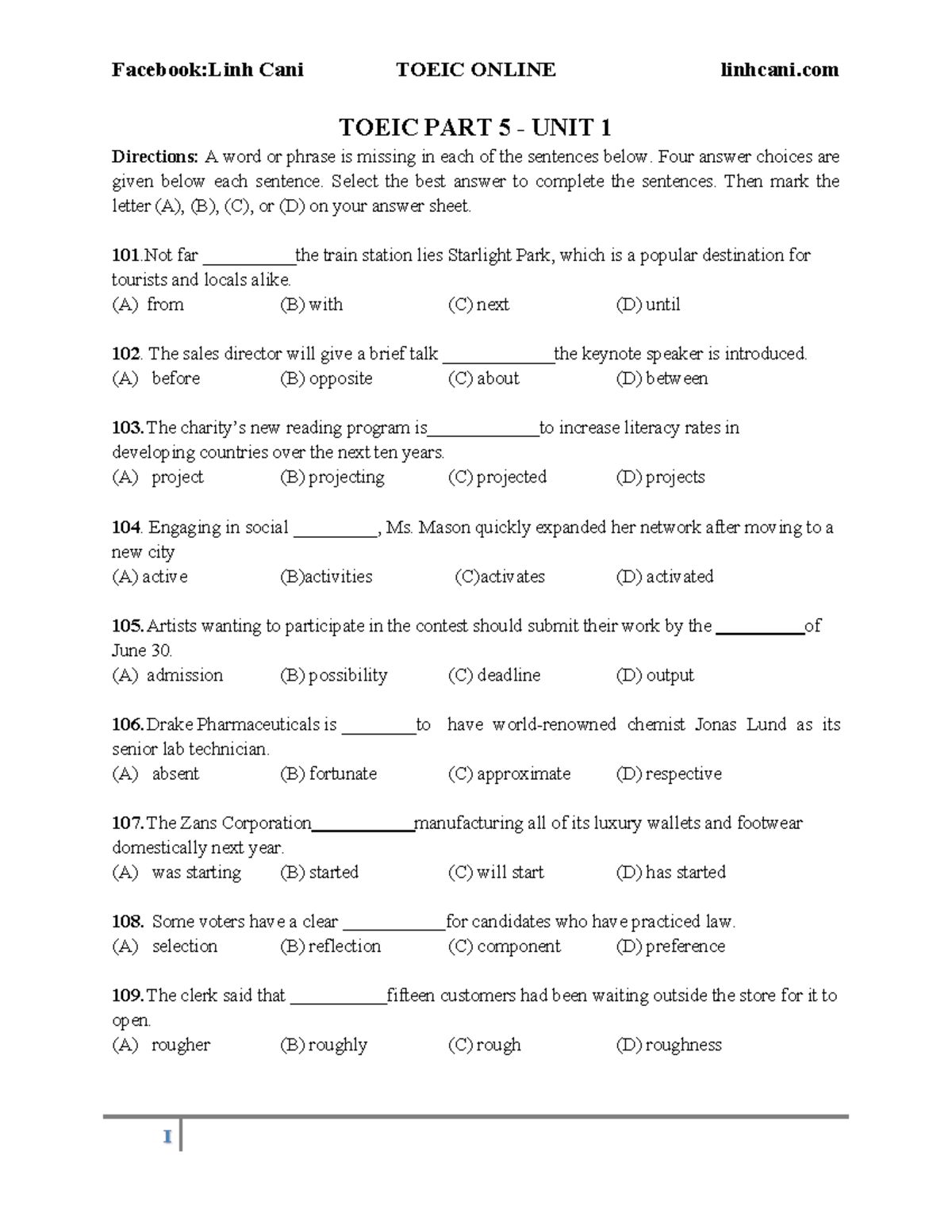 Part 5 01 - .... - TOEIC PART 5 - UNIT 1 Directions: A word or phrase ...