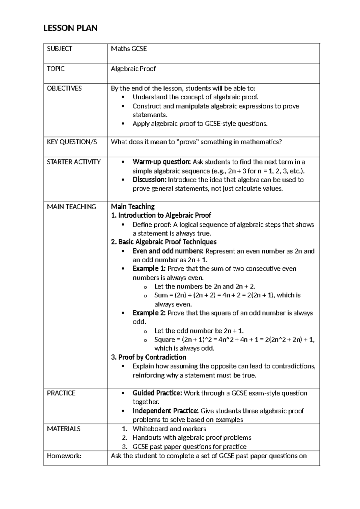 Lesson Plan Algebraic Proof GCSE maths higher - LESSON PLAN SUBJECT ...