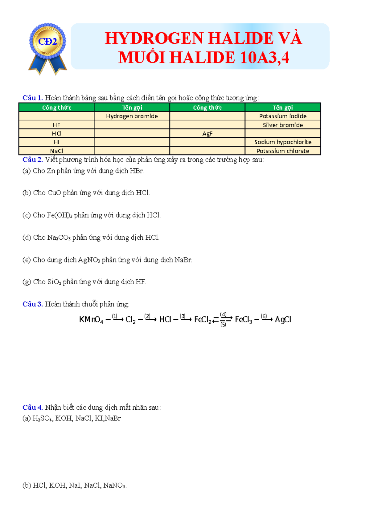 HX - chuyên đề hydrogen halide - Câu 1. Hoàn thành bảng sau bằng cách điền tên gọi hoặc công ...